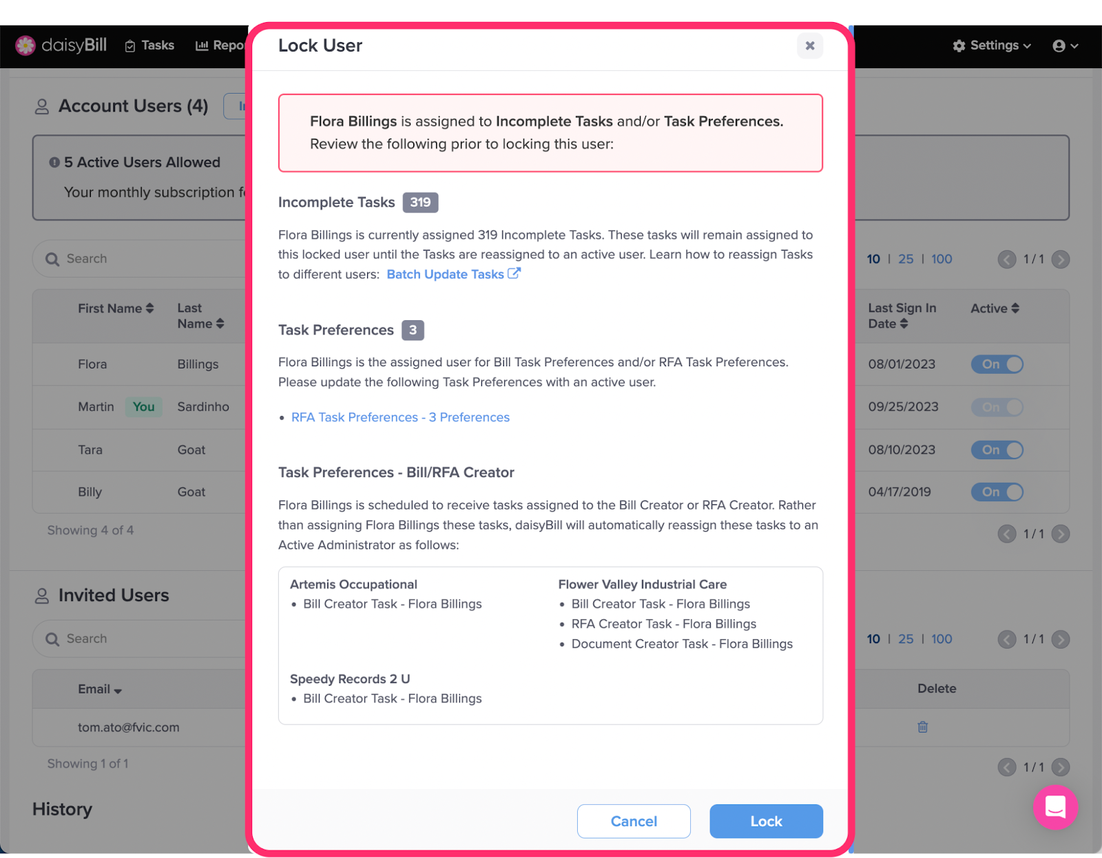 Manage Users - Locked Users | daisyBill
