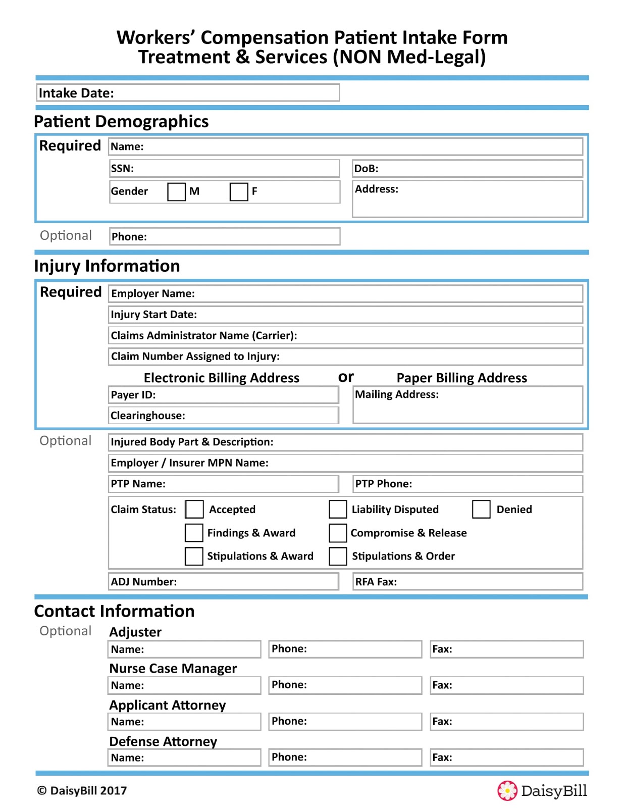 Sample Patient Intake Form for Workers’ Compensation | daisyBill