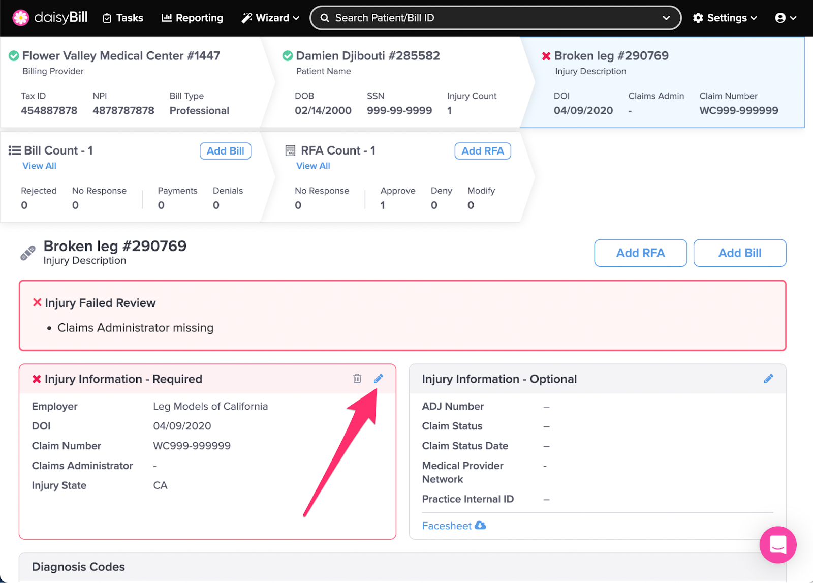 Task: Injury Failed Review | daisyBill