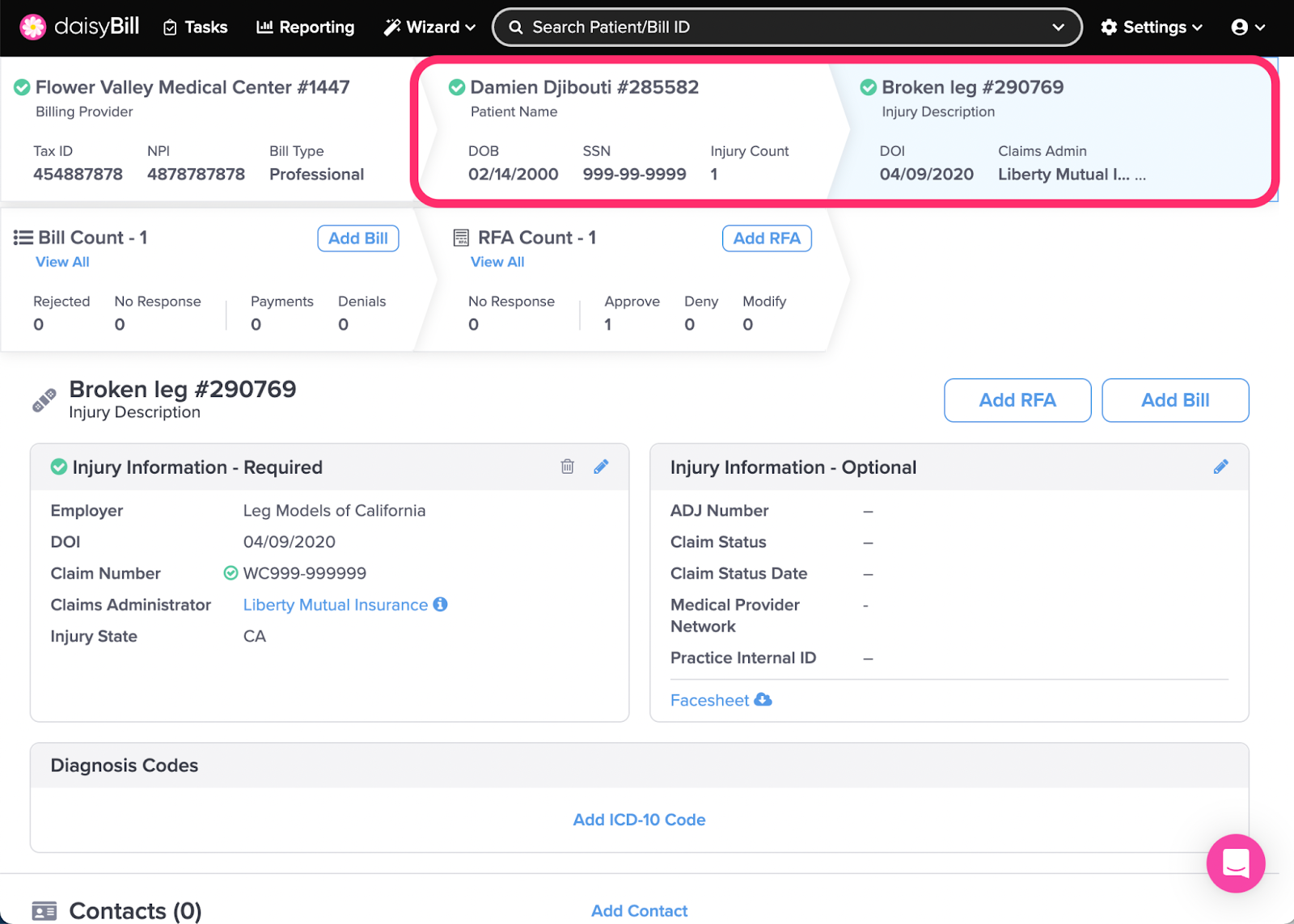 Task: Injury Failed Review | daisyBill