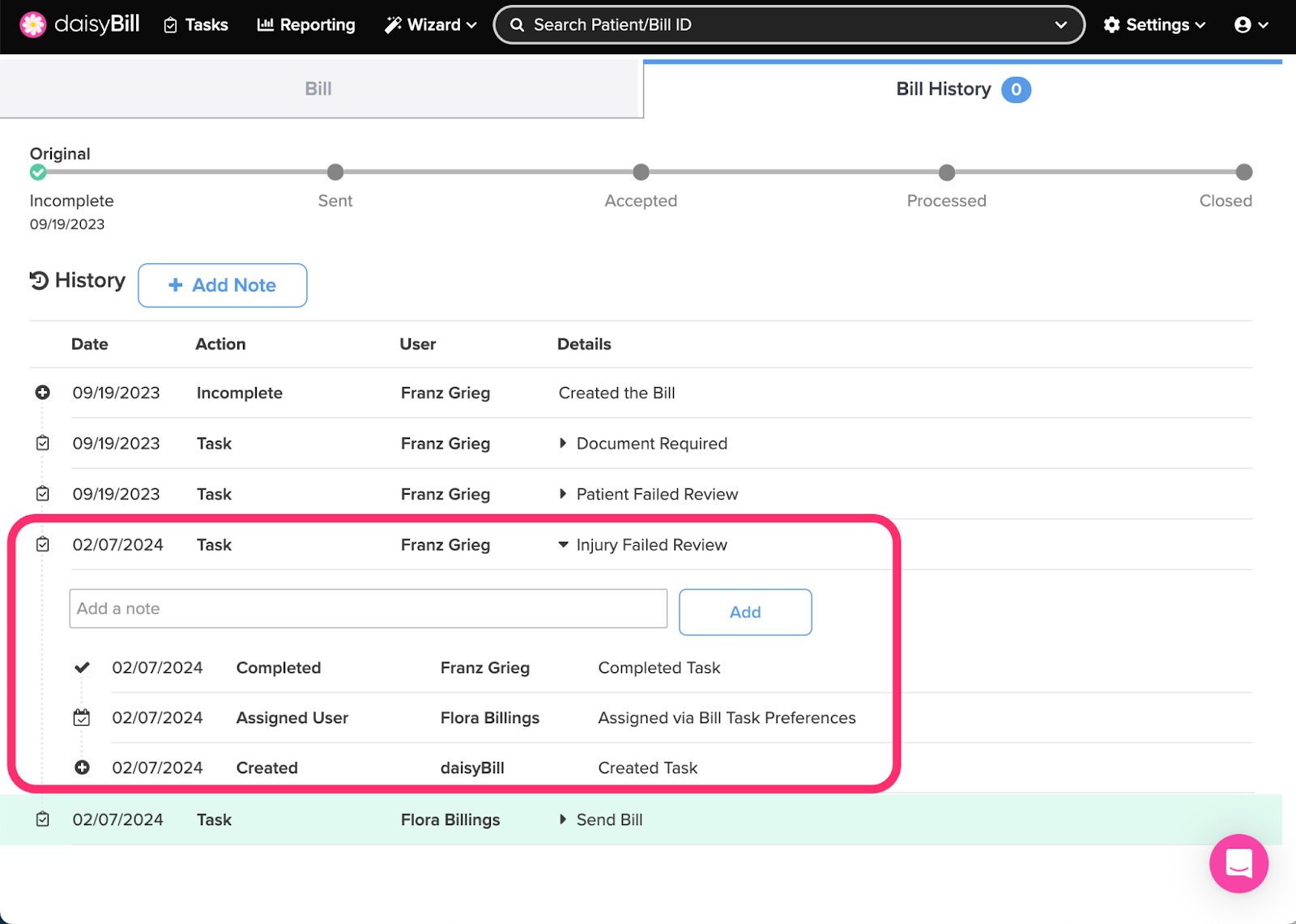 Task: Injury Failed Review | daisyBill