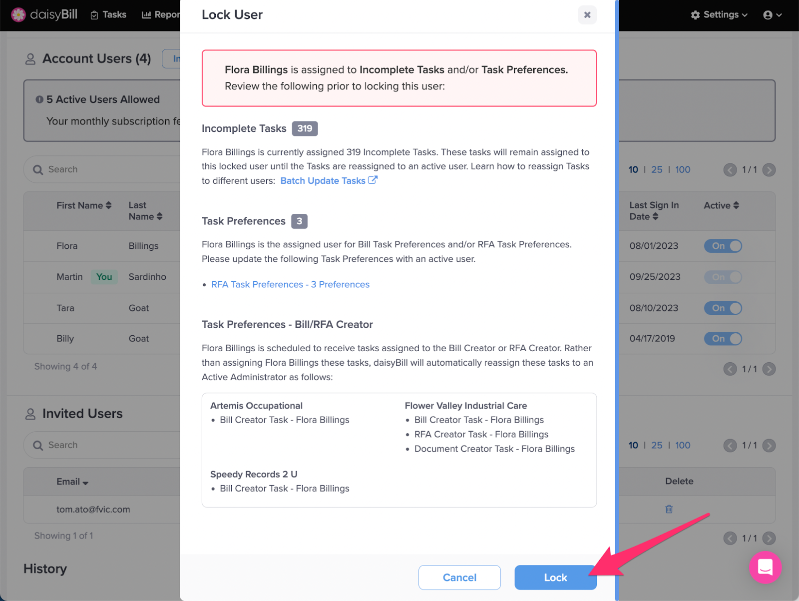Manage Users - Locked Users | daisyBill