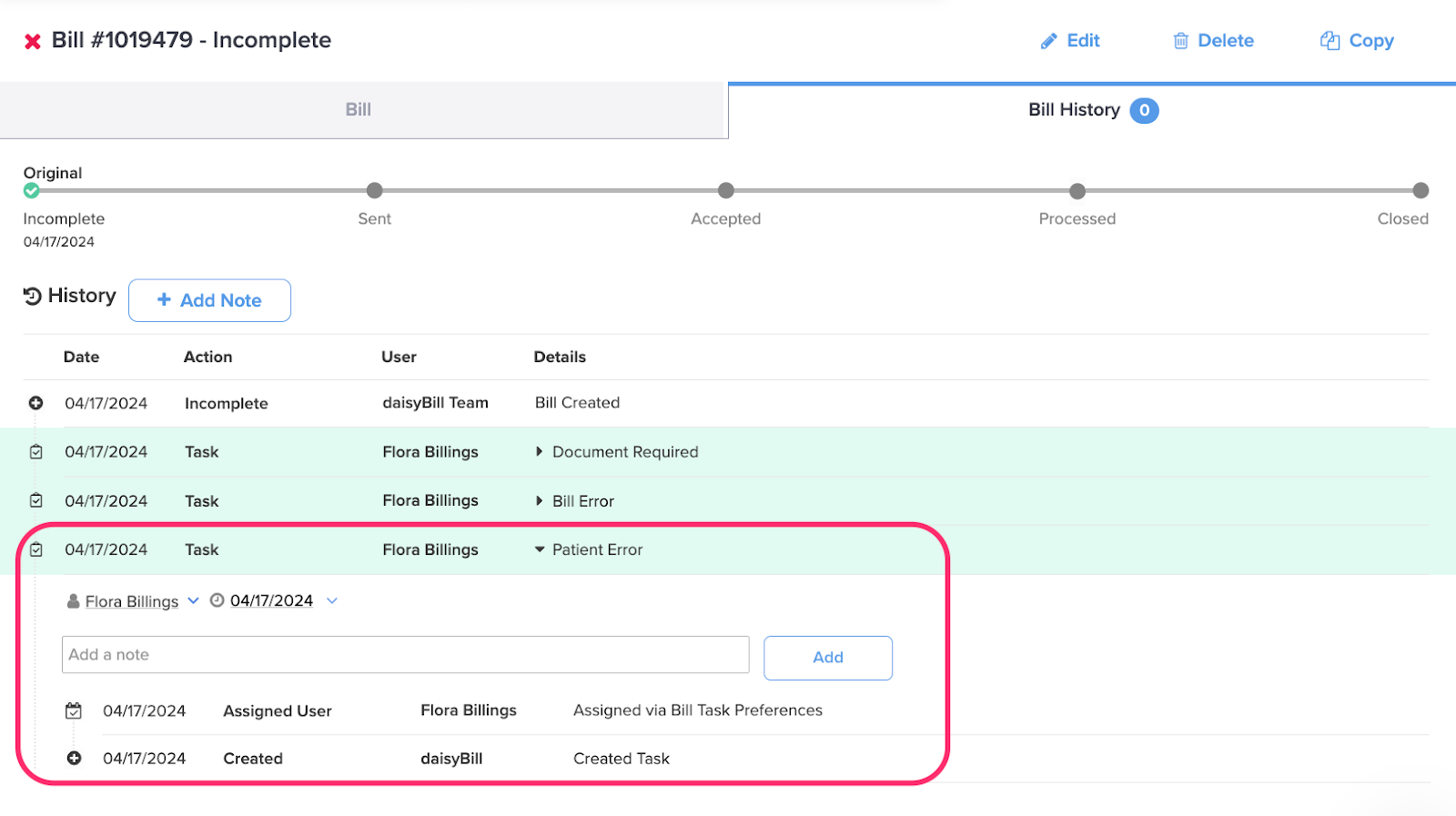 Task: Patient Error | daisyBill