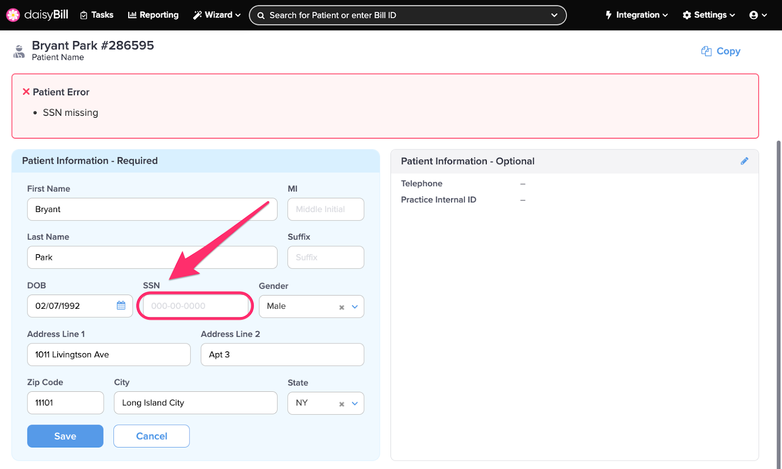 Task: Patient Error | daisyBill