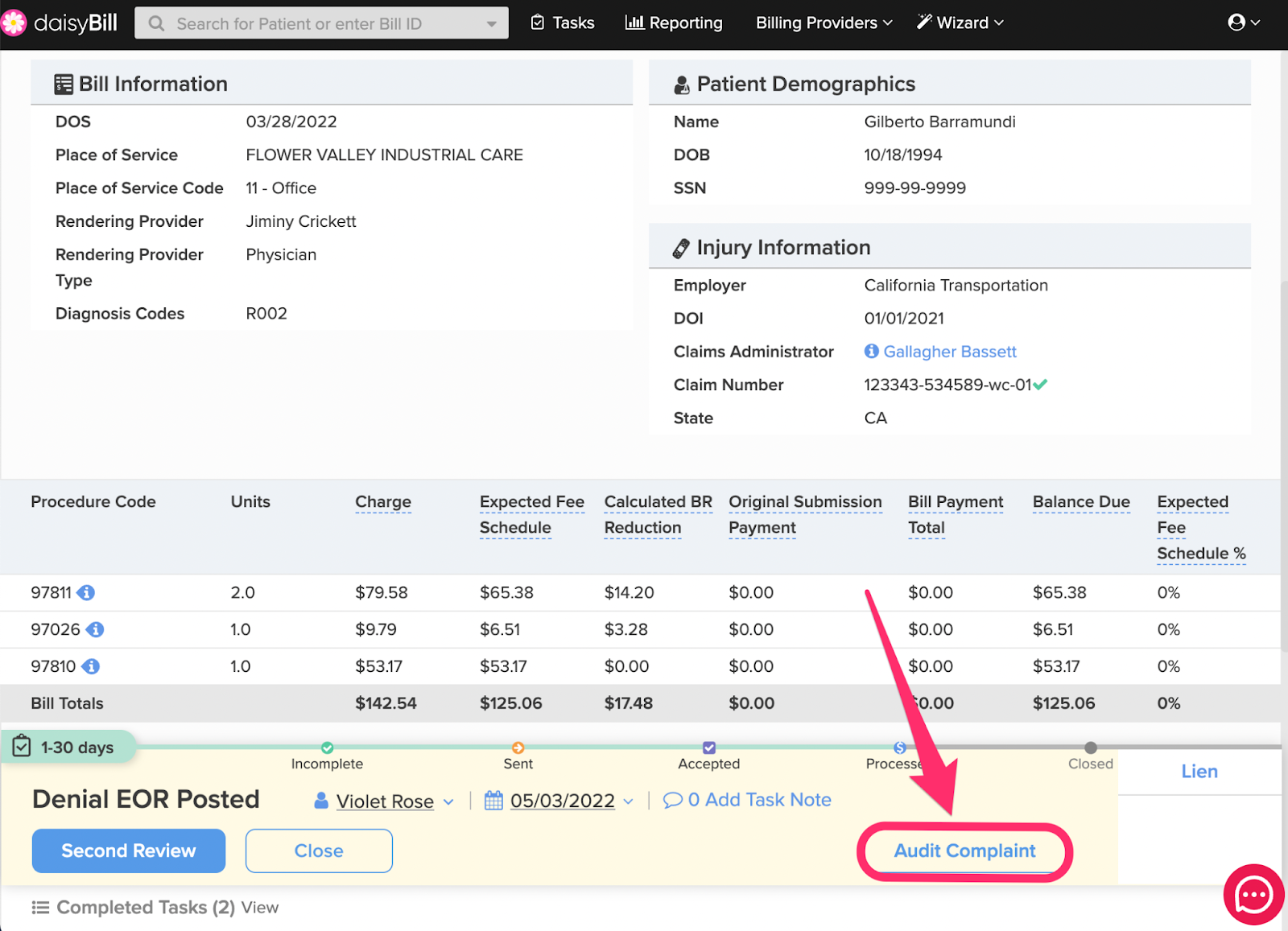 Task: Denial EOR Posted | daisyBill