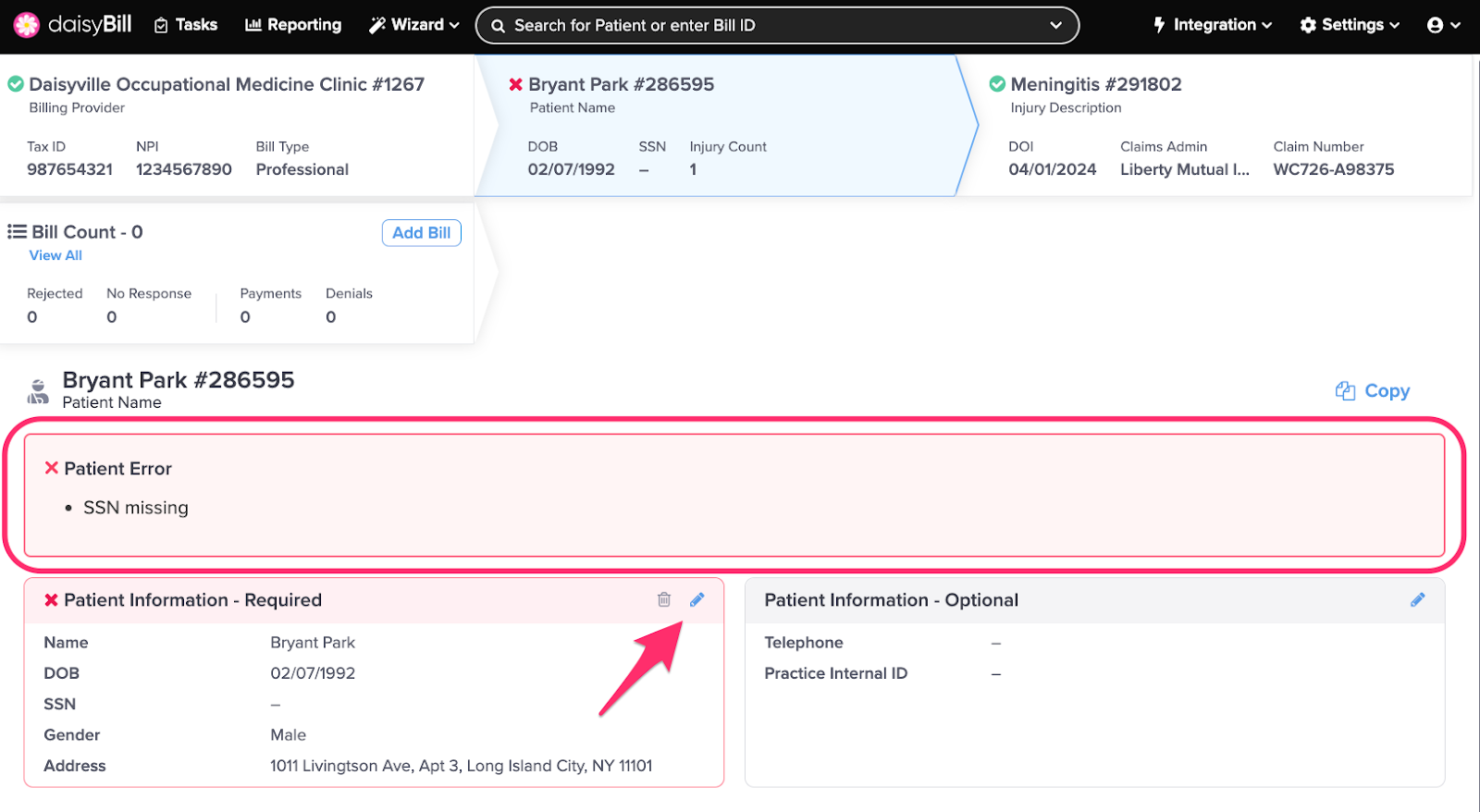 Task: Patient Error | daisyBill