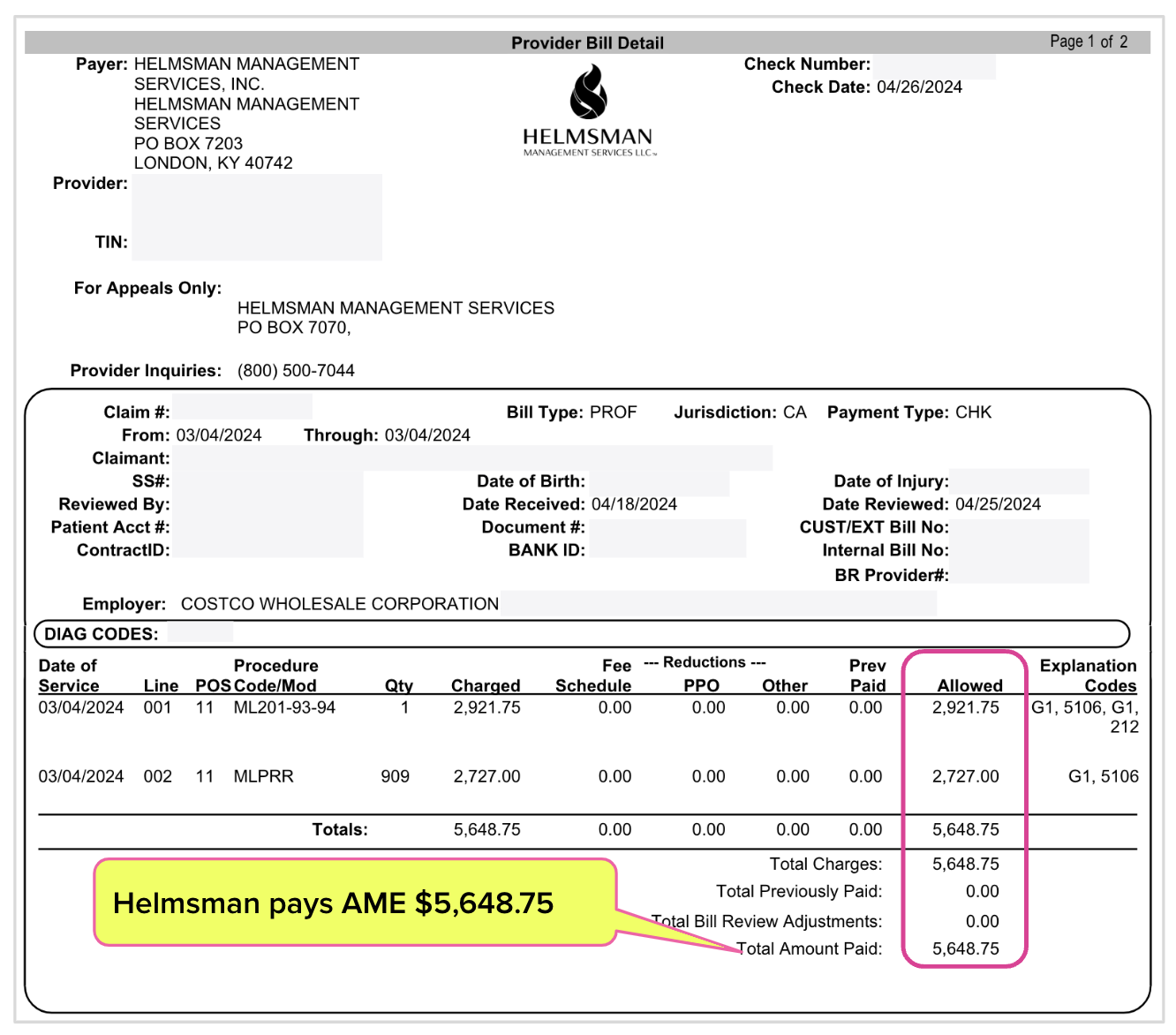 Costco/Helmsman: Improper $5K Payment Denial | daisyBill