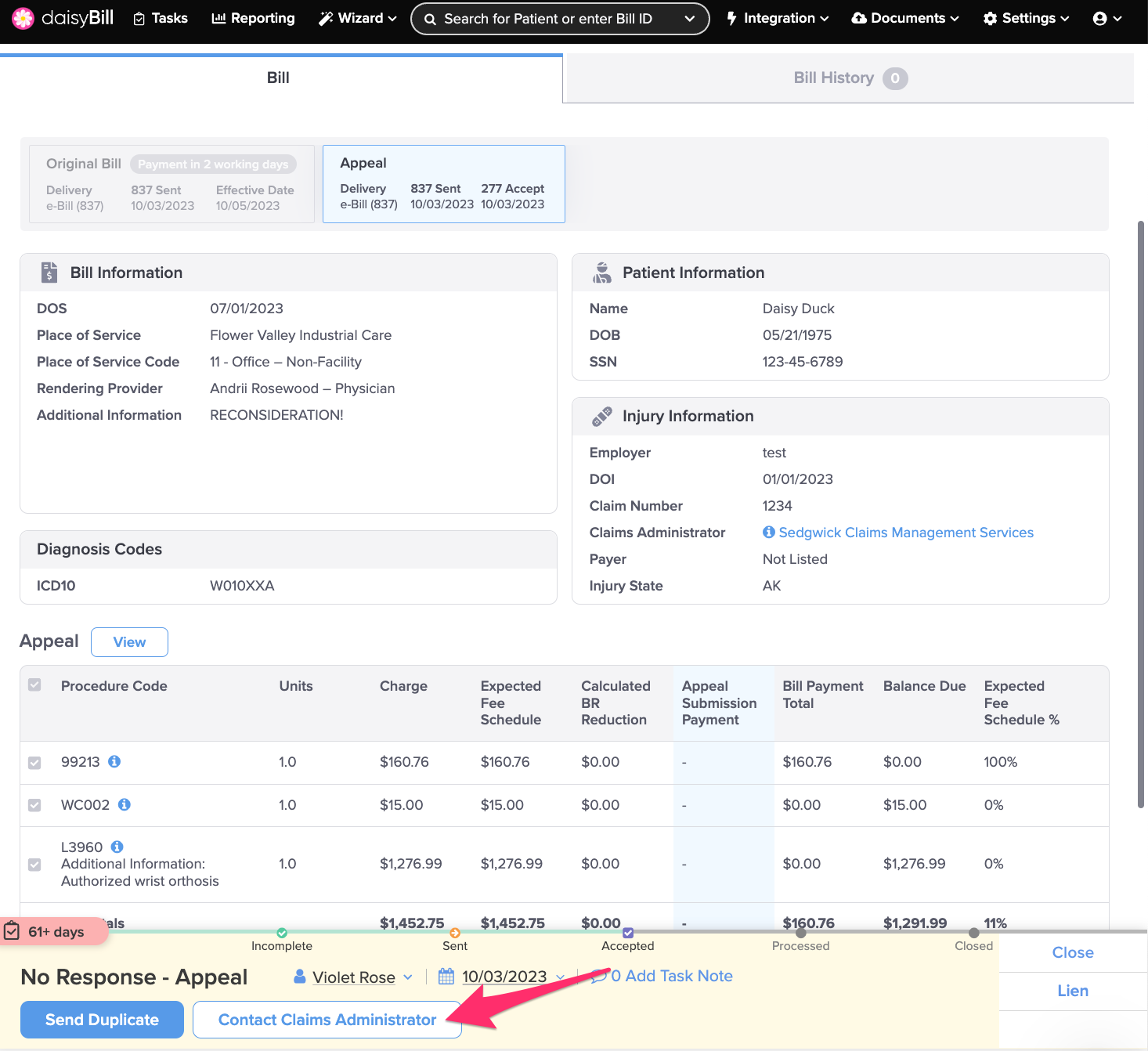 Task: No Response - Appeal | daisyBill