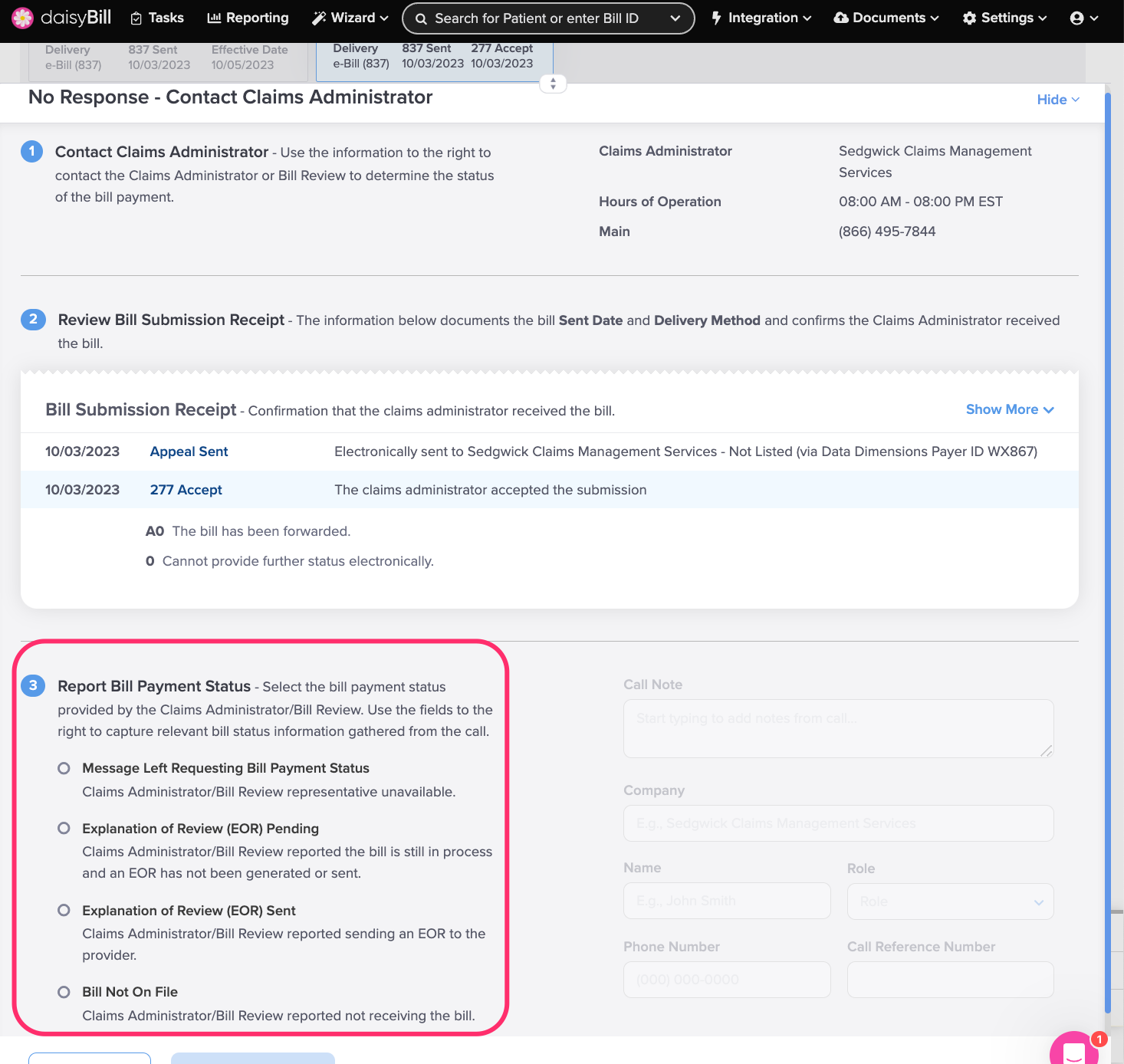 Task: No Response - Appeal | daisyBill