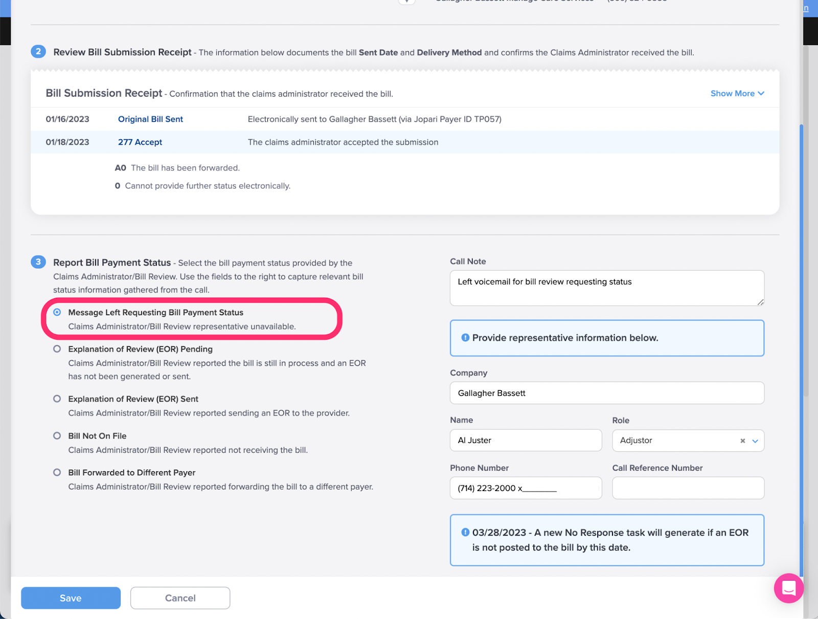 Task: No Response | daisyBill