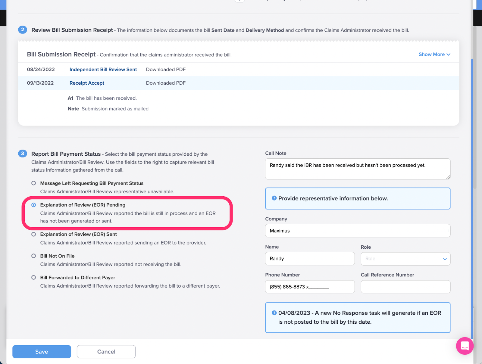 Task: No Response - IBR | daisyBill