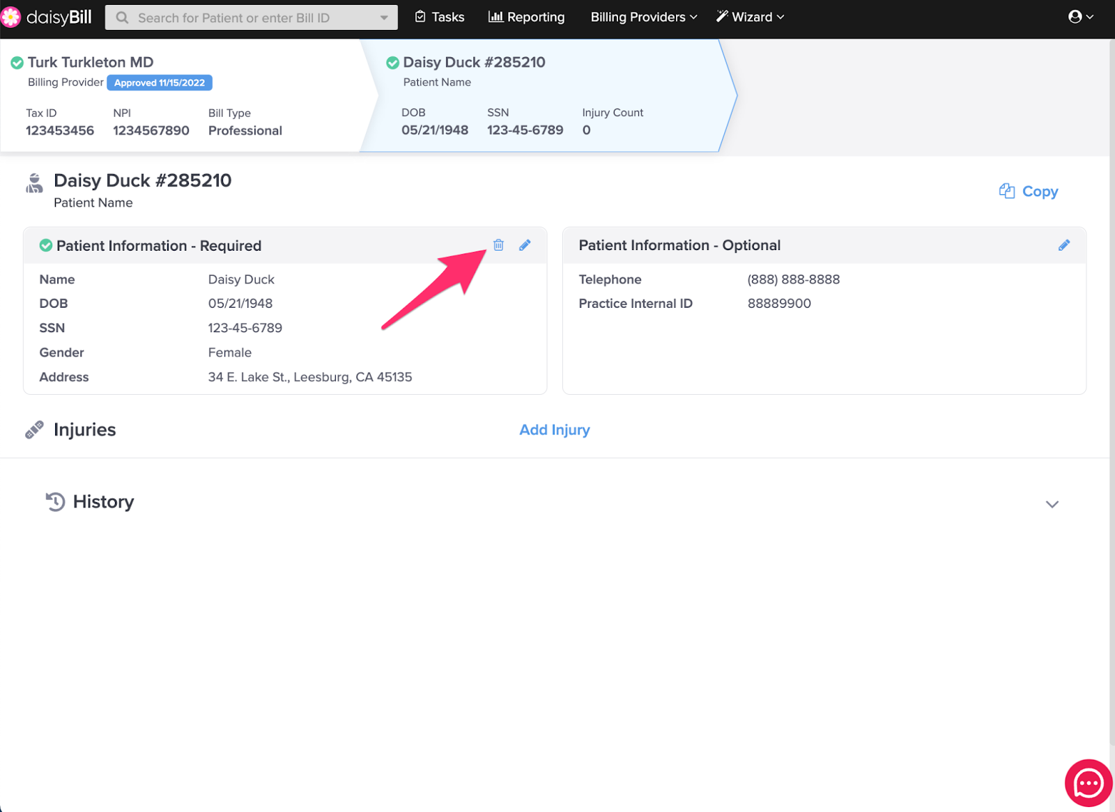 Delete Injury / Patient | daisyBill