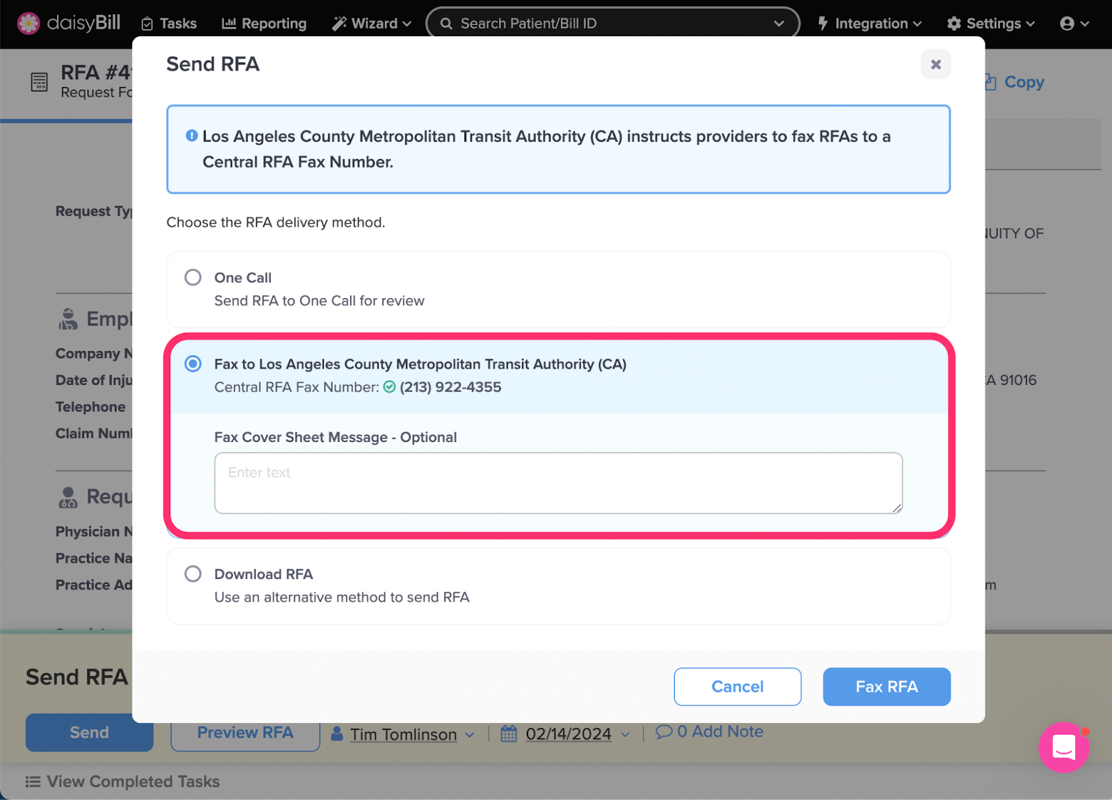 Add / Send RFA | daisyBill