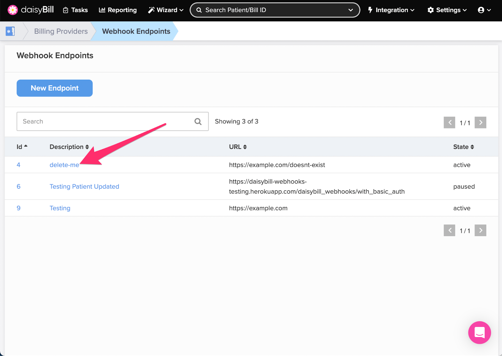 Edit/Delete Webhook Endpoint | daisyBill