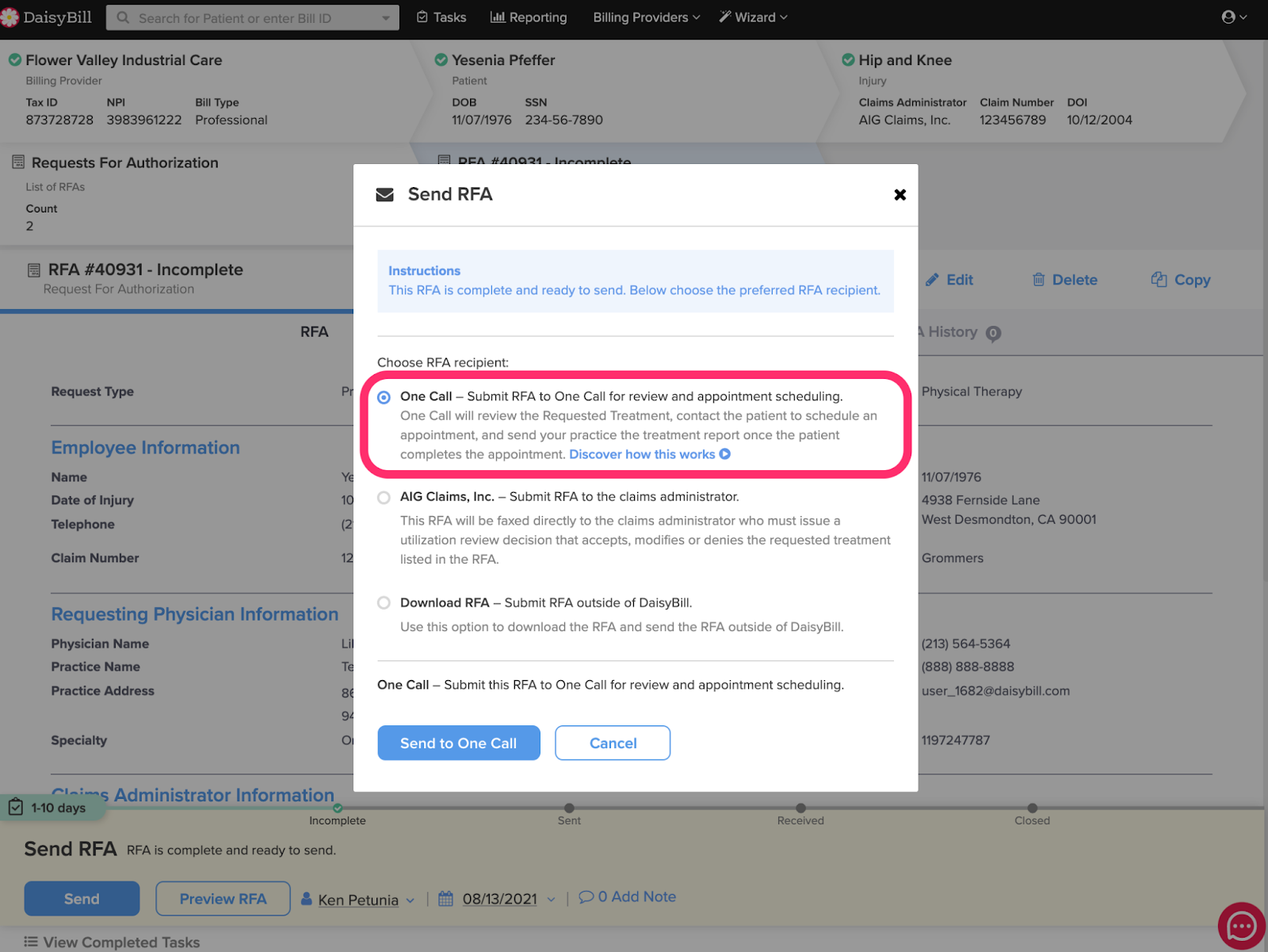 Add / Send RFA | daisyBill
