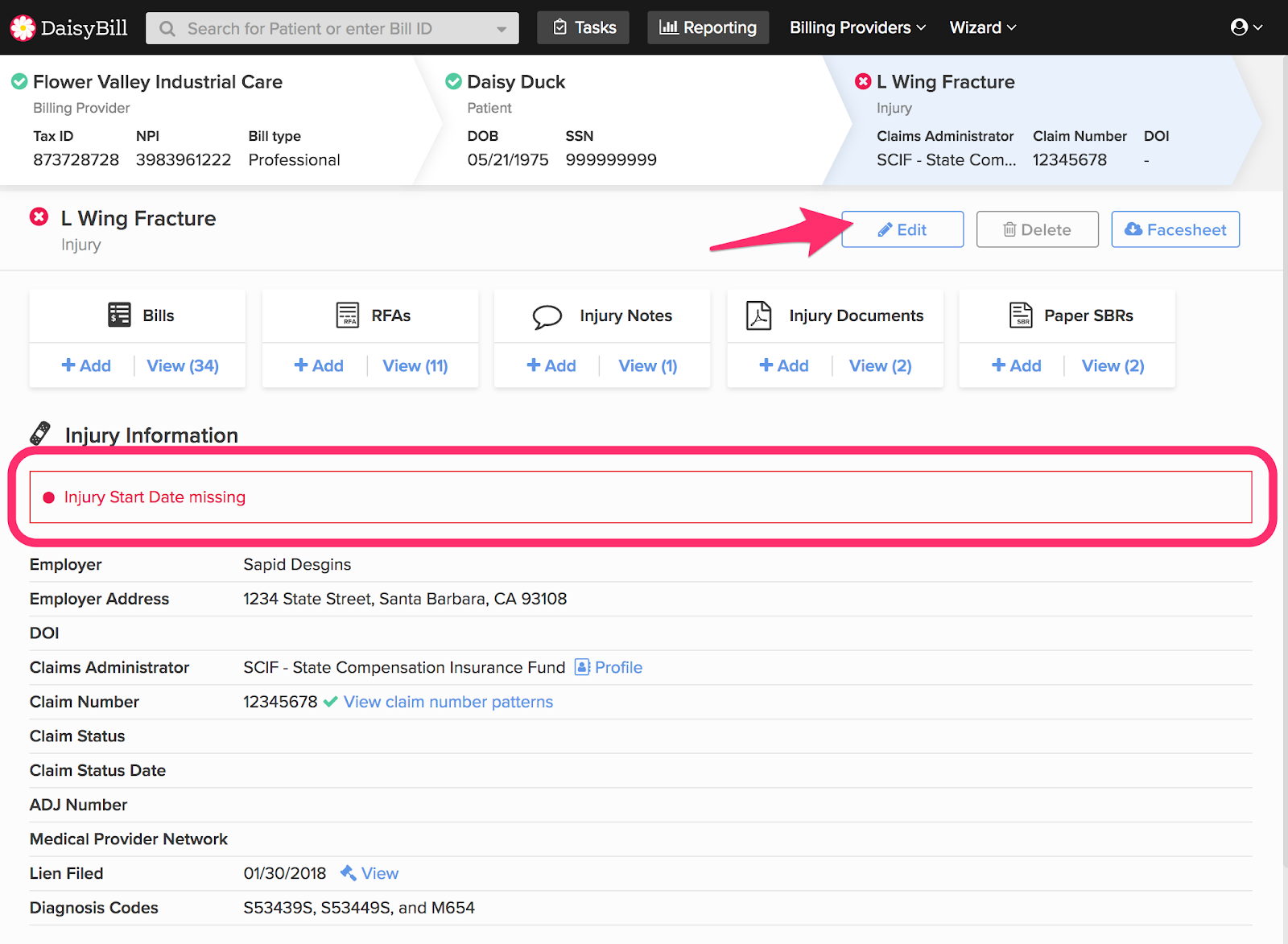 Task: Injury Failed Review | daisyBill