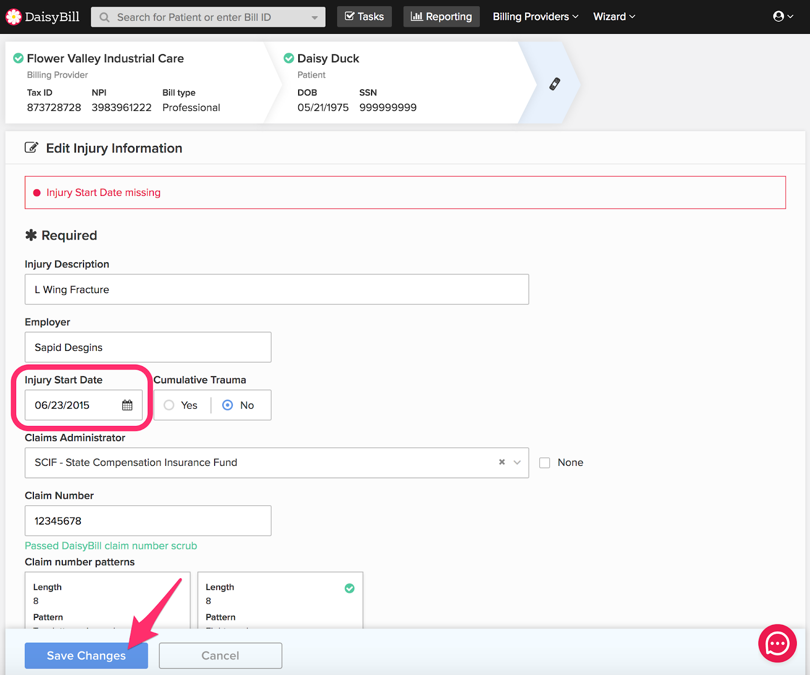 Task: Injury Failed Review | daisyBill