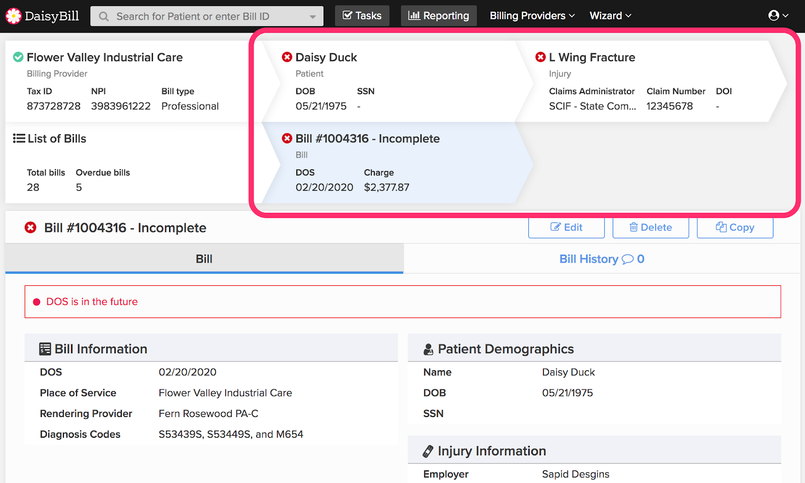 Task: Injury Failed Review | daisyBill