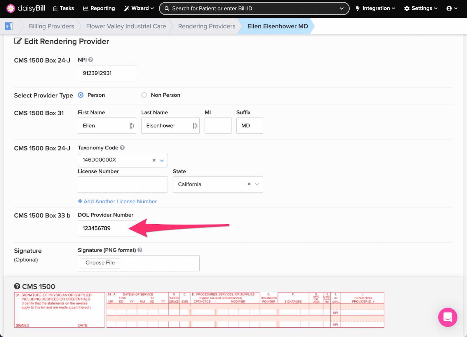 DOL Provider Number | daisyBill