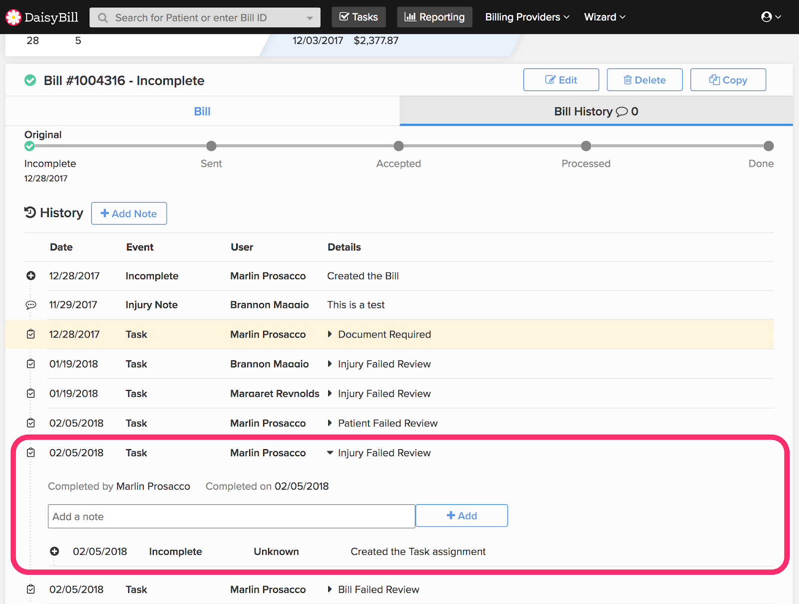 Task: Injury Failed Review | daisyBill