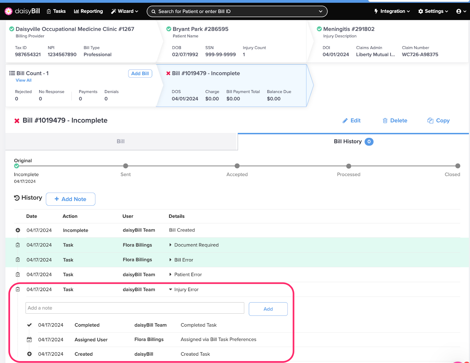 Task: Injury Error | daisyBill