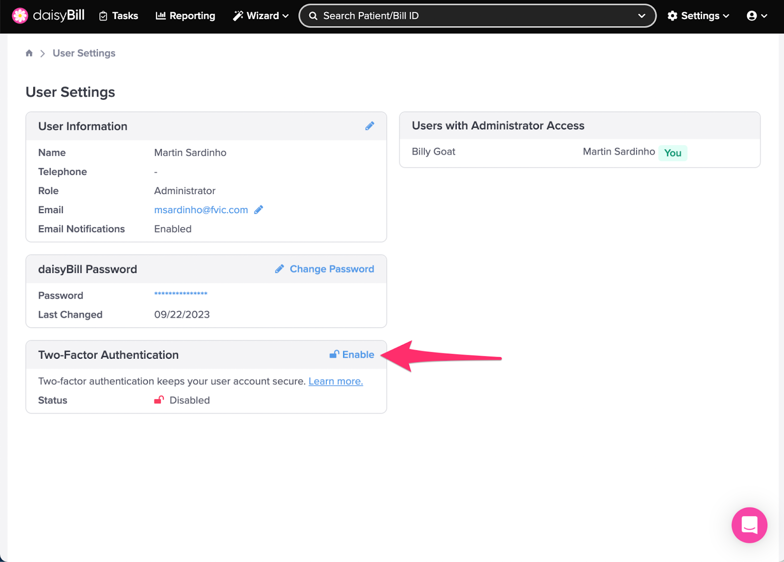 Enable Two-Factor Authentication | daisyBill