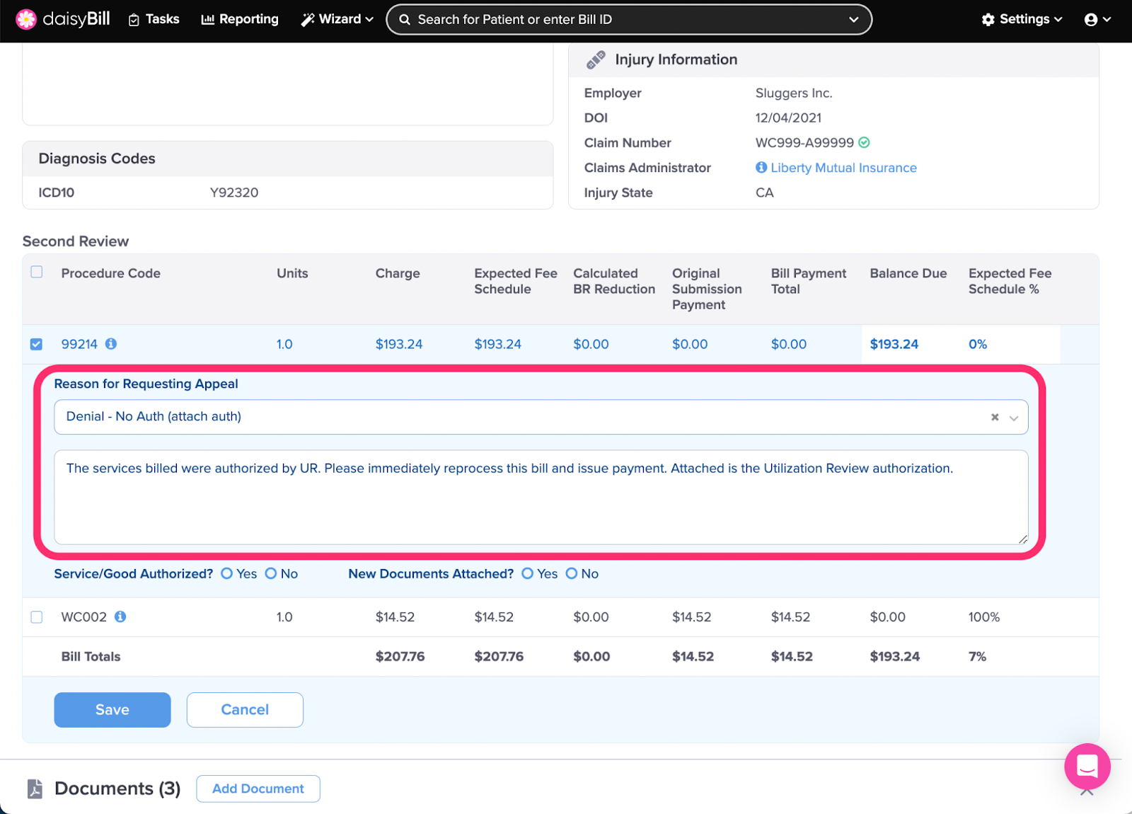 Request for Second Review / Appeal: Partial Payment | daisyBill