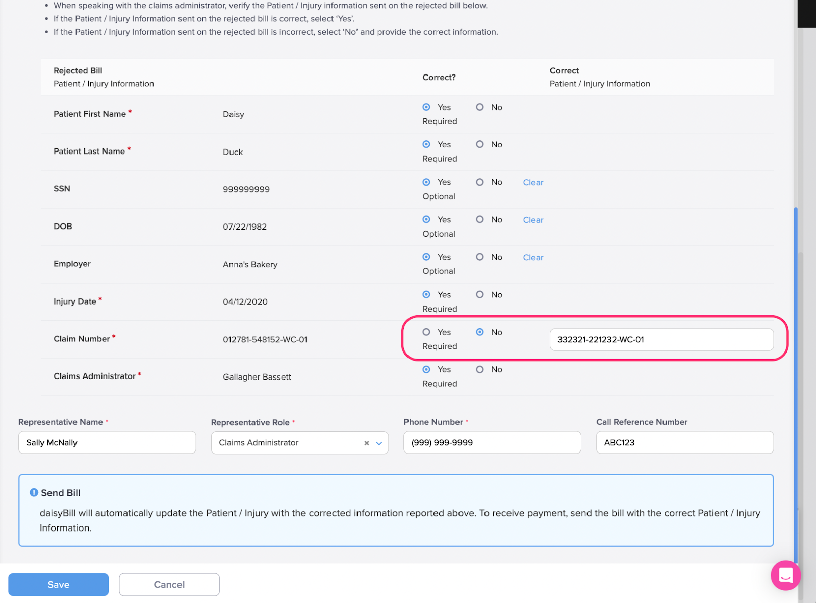 Task: Rejected Bill | daisyBill