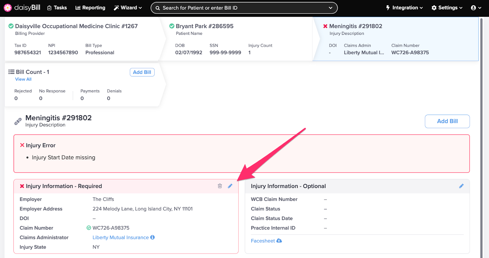 Task: Injury Error | daisyBill