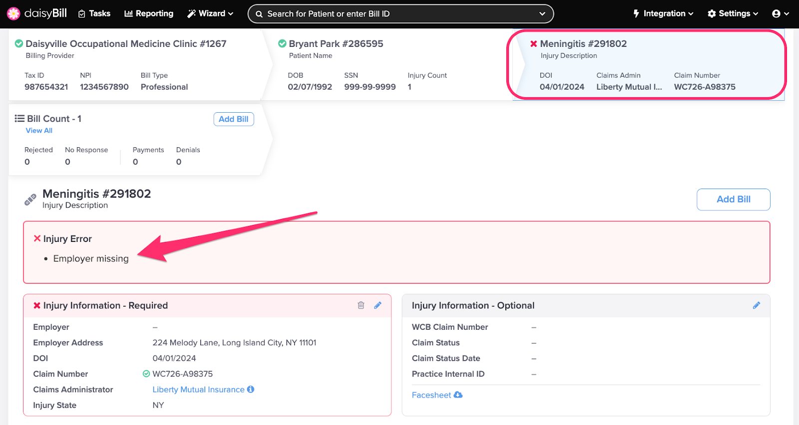 Task: Injury Error | daisyBill