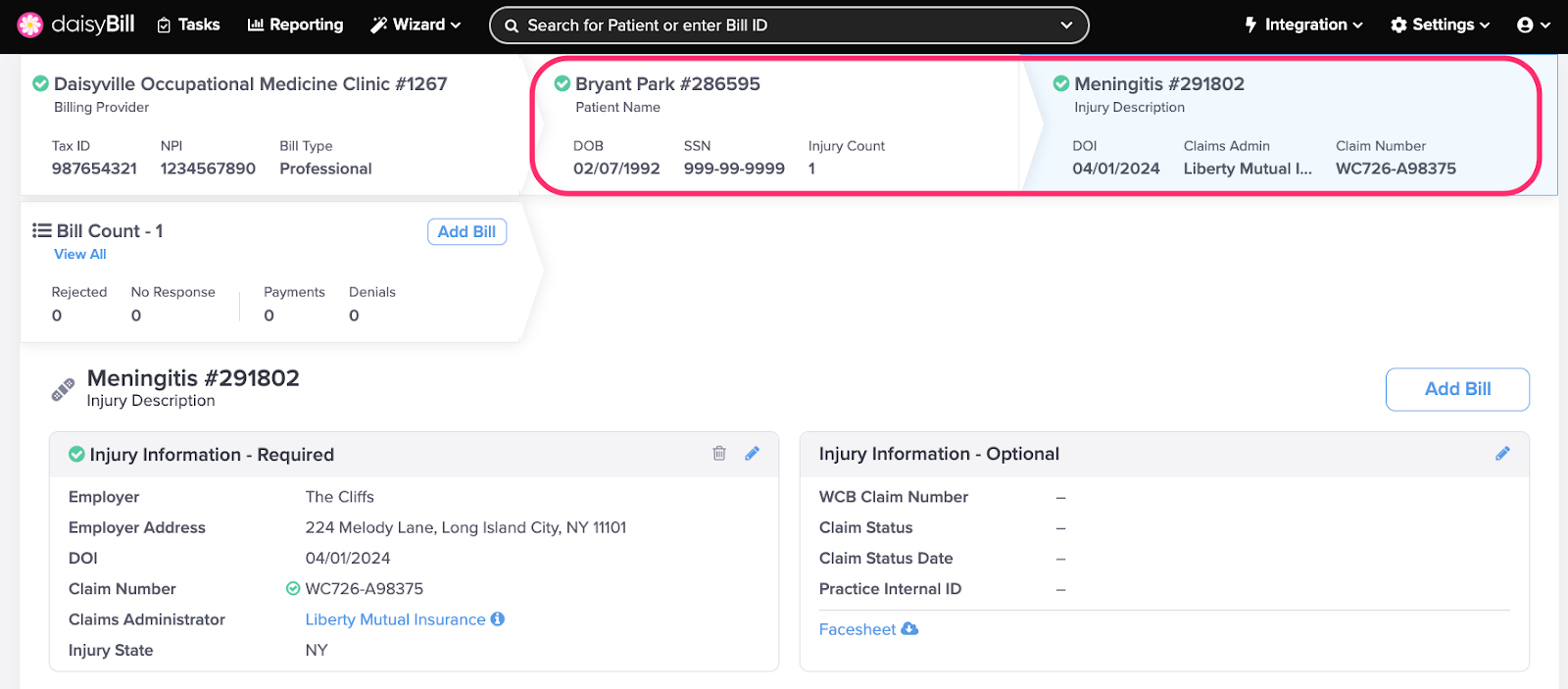Task: Injury Error | daisyBill