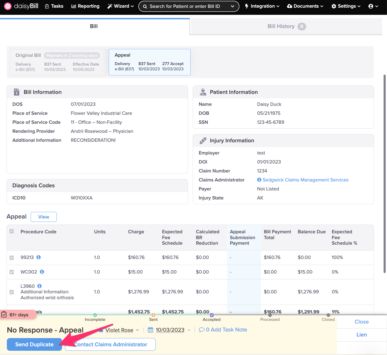 Task: No Response - Appeal | daisyBill