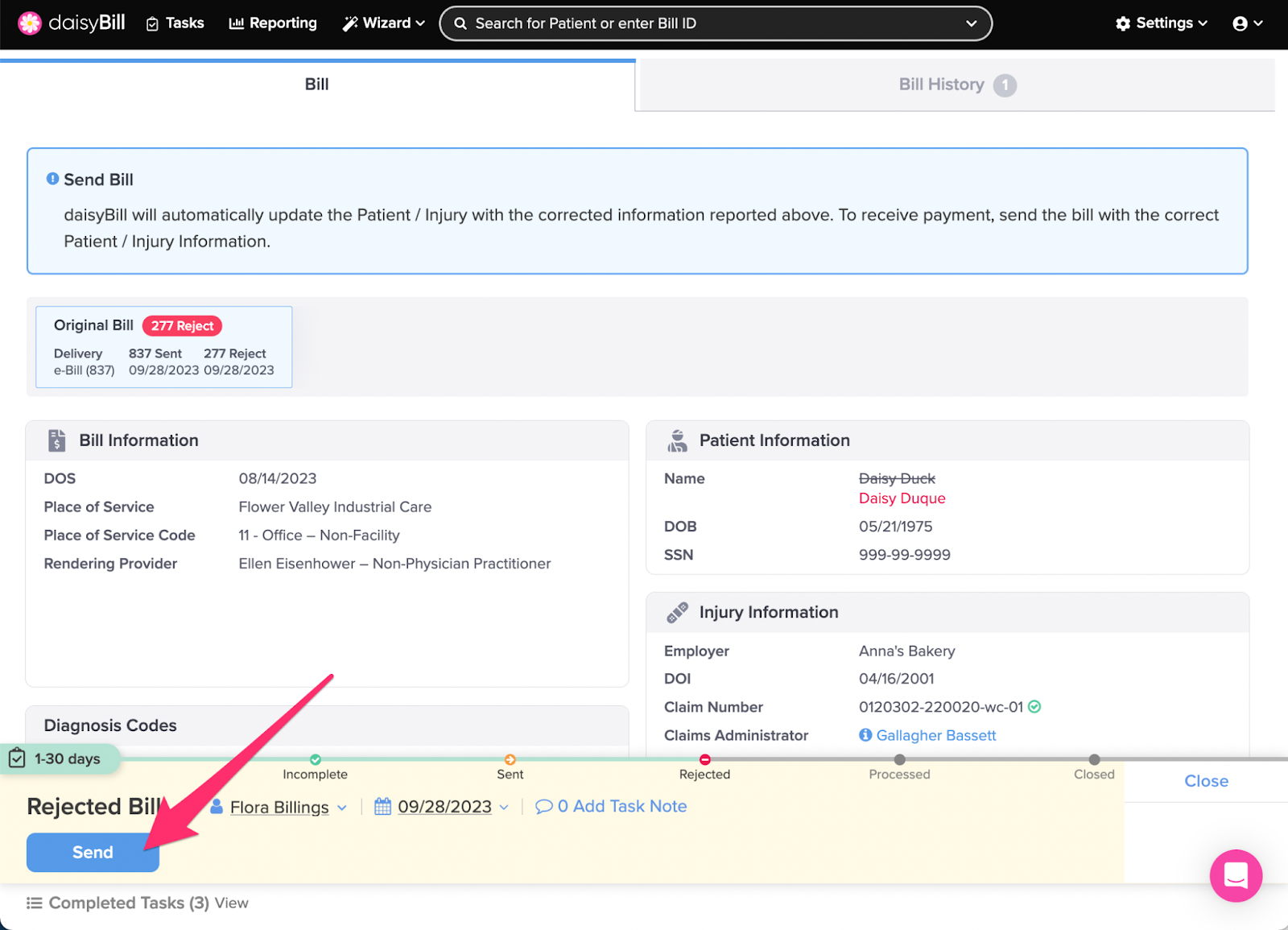 Task: Rejected Bill | daisyBill