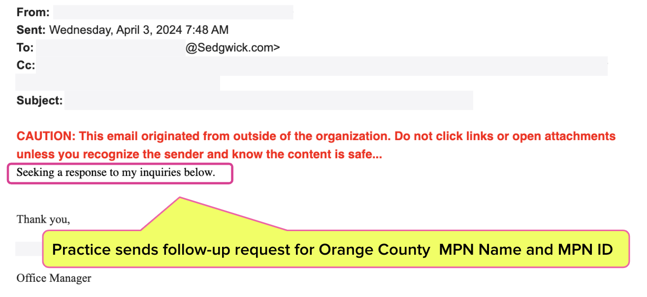 OC/Sedgwick: Preposterous MPN Telehealth Claim | daisyBill