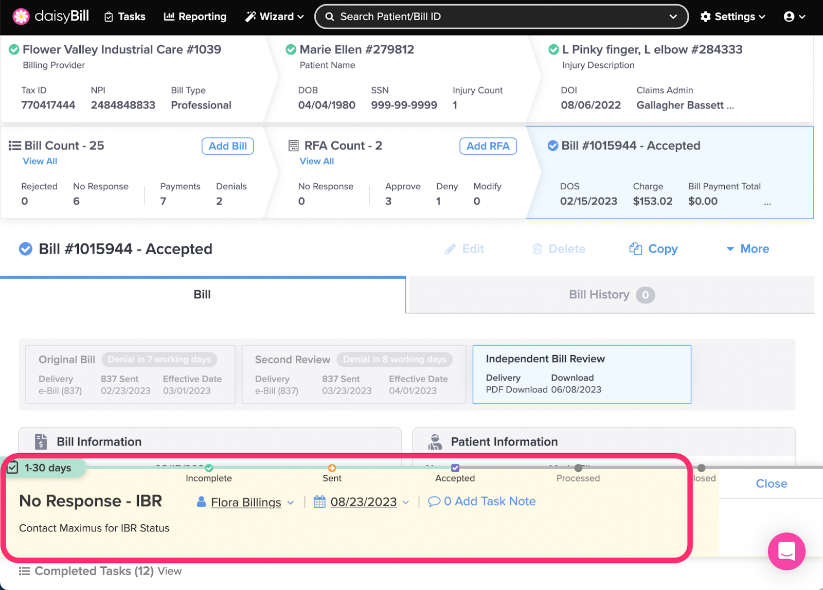 Task: No Response - IBR | daisyBill