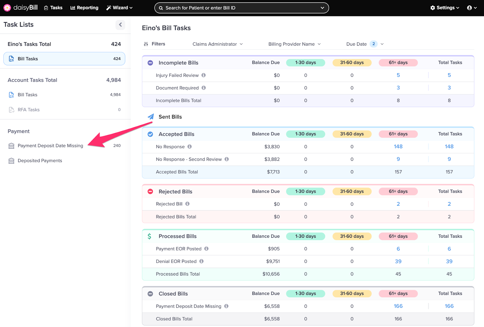 Task: Payment Deposit Date Missing | daisyBill