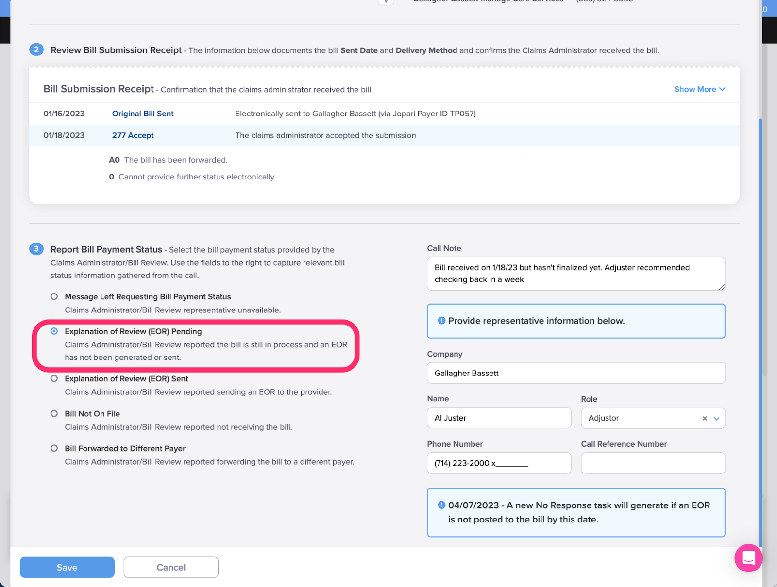 Task: No Response | daisyBill