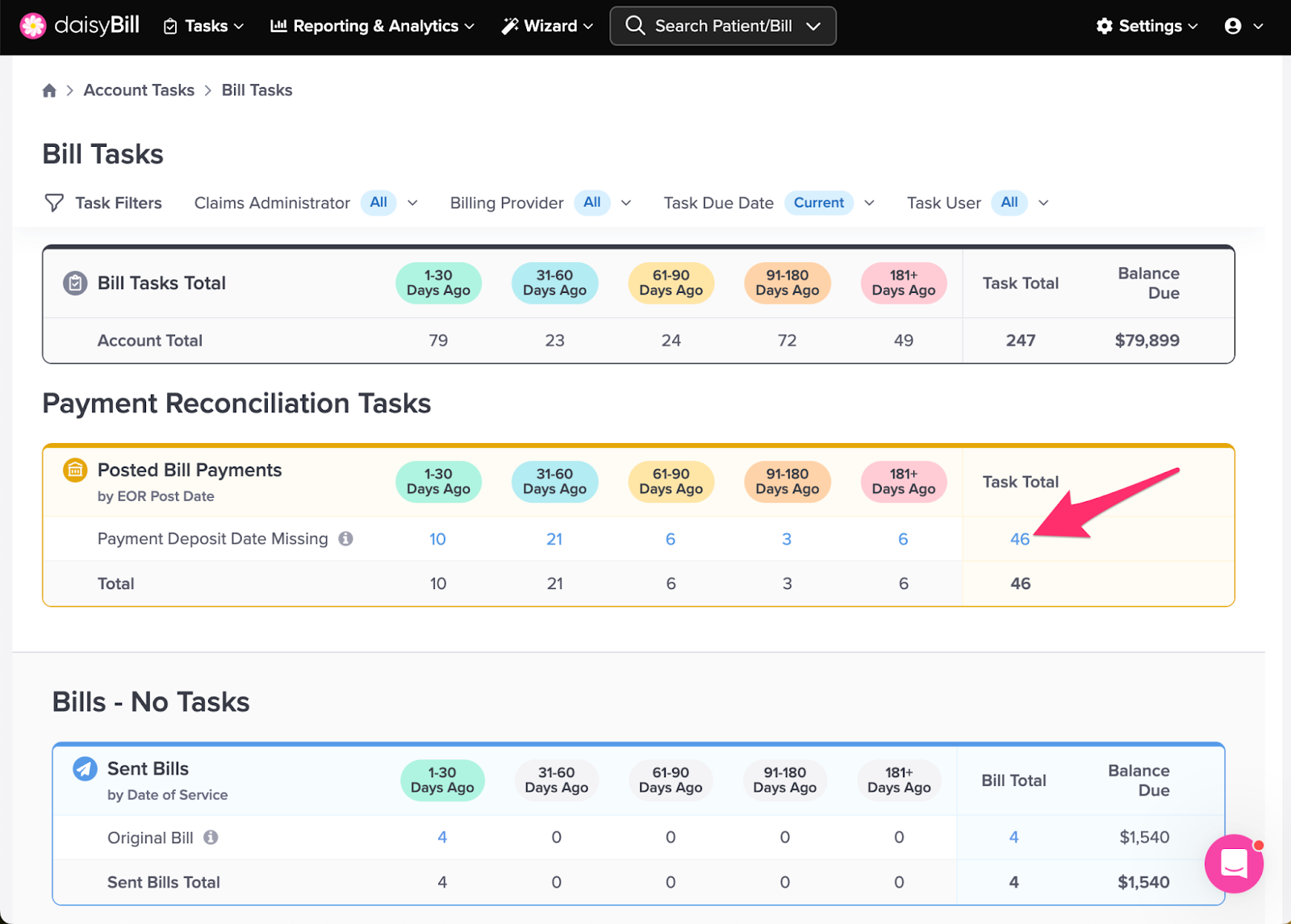Task: Payment Deposit Date Missing | daisyBill
