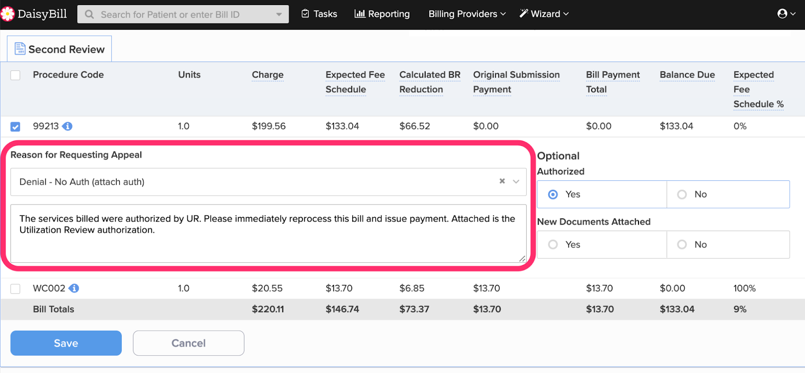 Request for Second Review / Appeal: Partial Payment | daisyBill