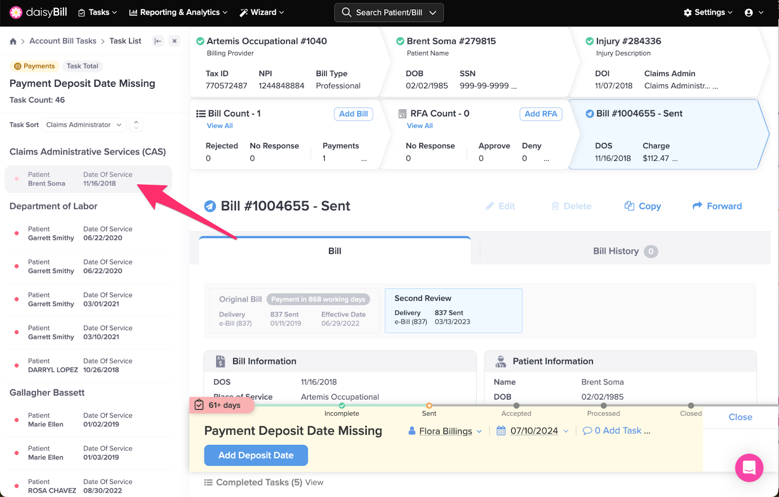 Task: Payment Deposit Date Missing | daisyBill