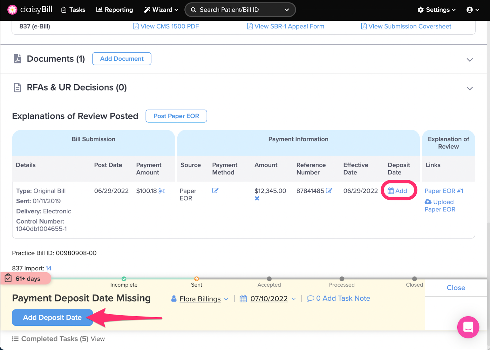 Task: Payment Deposit Date Missing | daisyBill