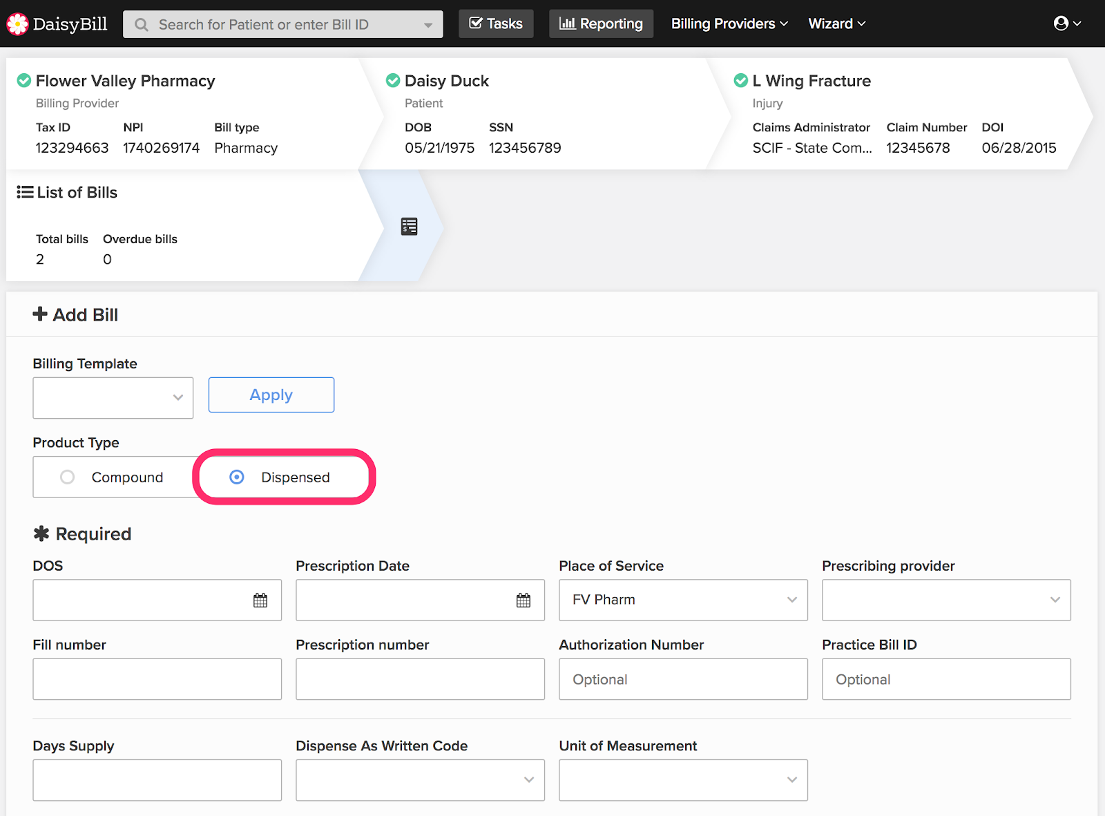 NCPDP Add Bill Dispensed Product | daisyBill