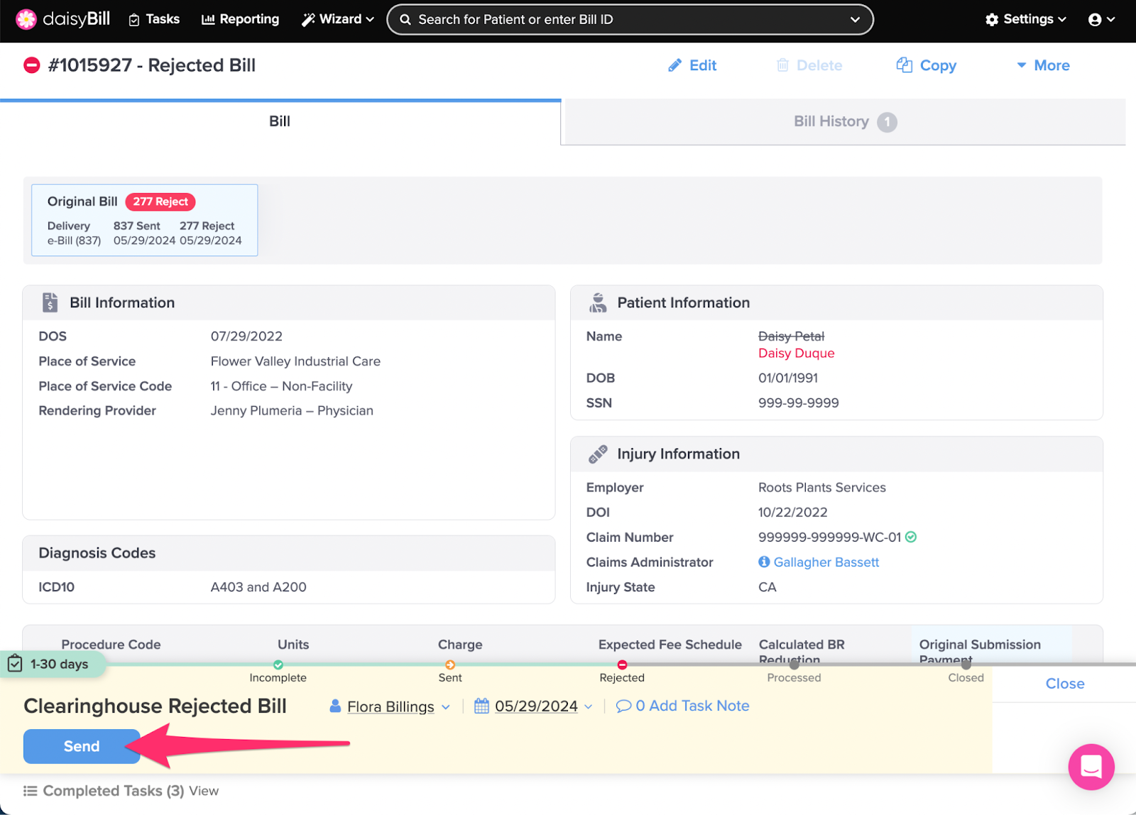 Task: Clearinghouse Rejected Bill | daisyBill
