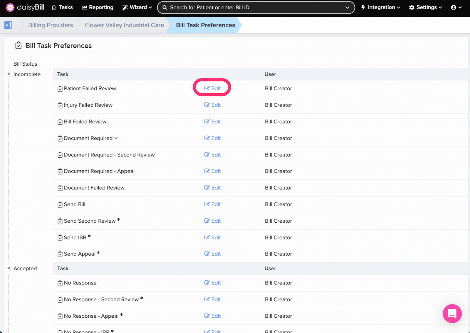 Bill Task Preferences | daisyBill