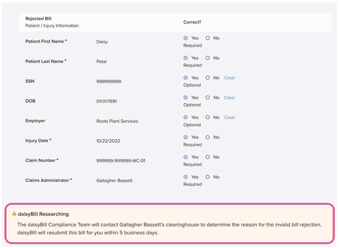 Task: Rejected Bill | daisyBill
