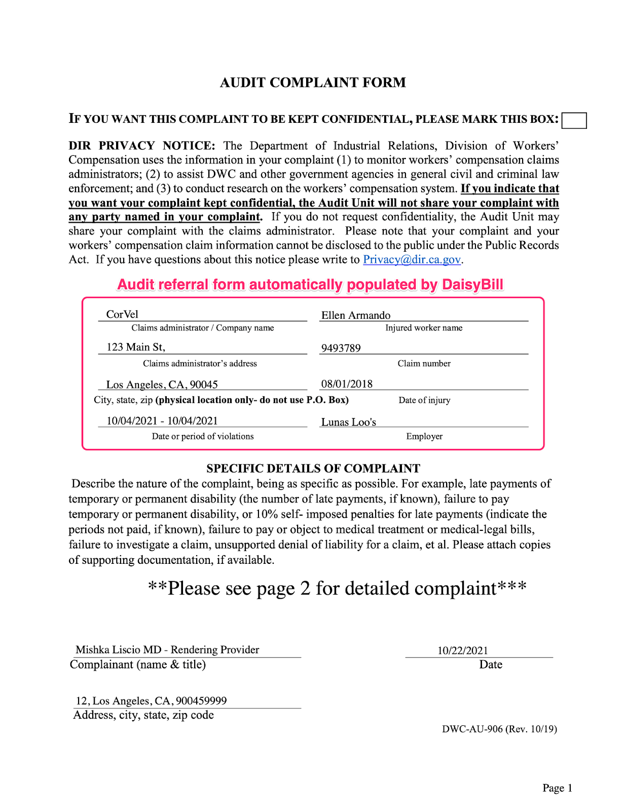 Create Audit Complaint | daisyBill