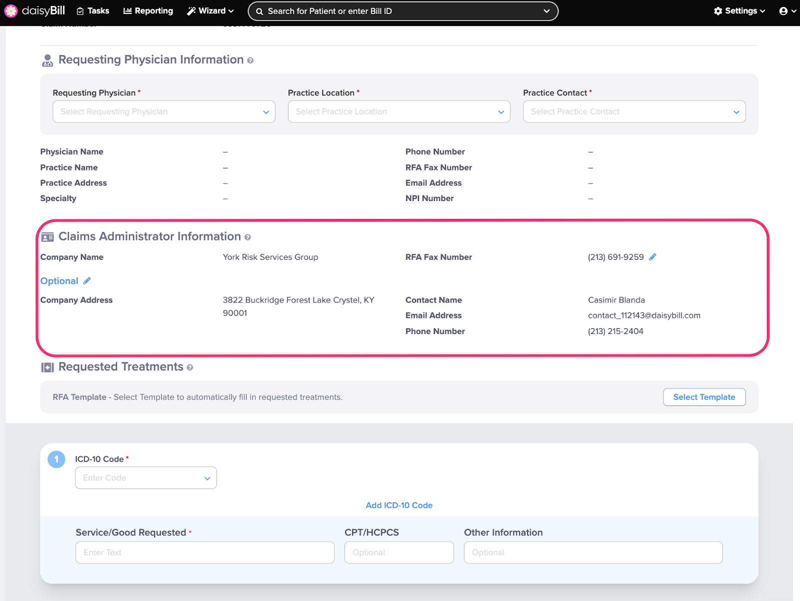 Add / Send RFA | daisyBill